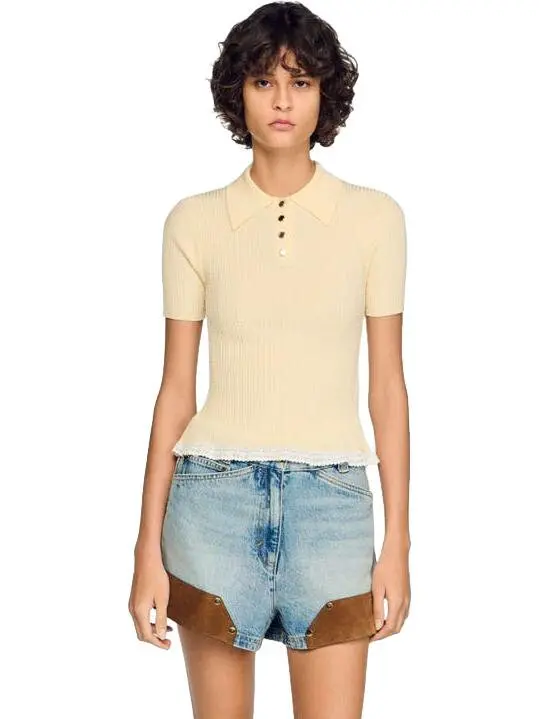 Sandro Decorative Knit Polo Shirt - Vanilla