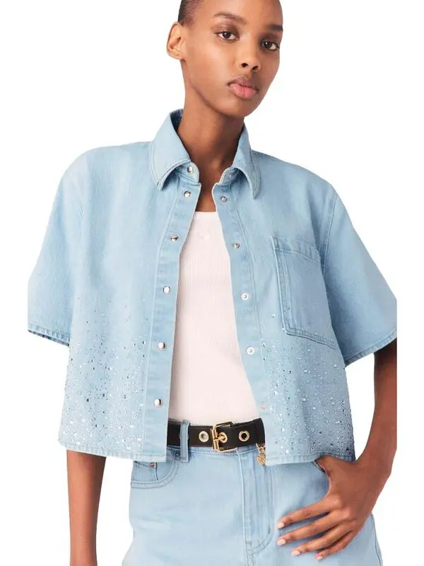 Maje Cropped Rhinestone Denim Shirt - Blue Sky