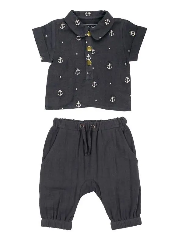 L'OVEDBABY Organic Cotton Muslin Anchor Print Polo & Harem Pants Set - Chia Anchor