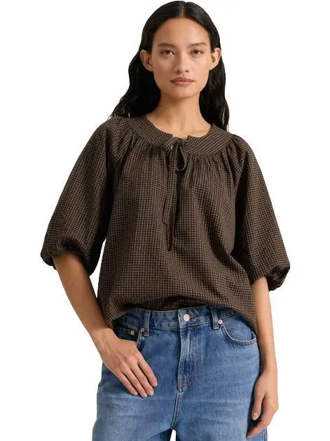 ALBARAY Gingham Blouson Sleeve Top - Chocolate