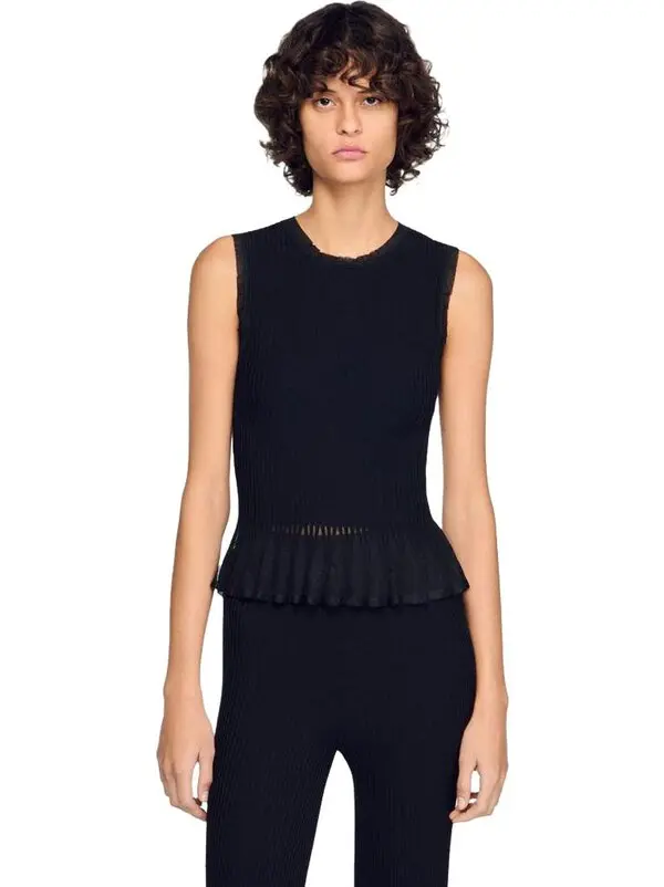 Sandro Fitted Ottoman Knit Top With Ruffles - Black