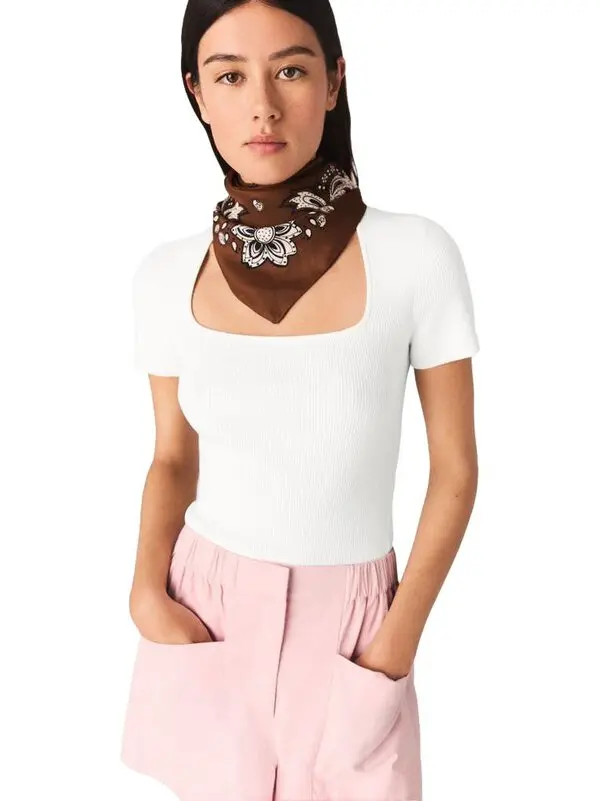 Maje Square Neck Ribbed Knit Top - White