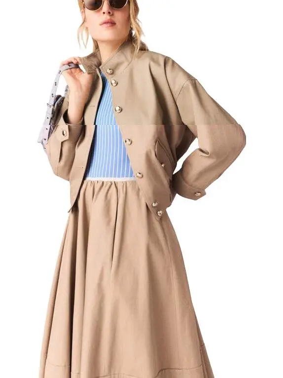 Maje Cotton Bomber Jacket With Gold Button Details - Mastic Beige