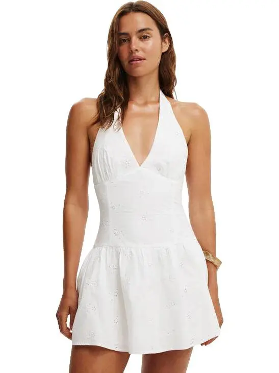 COTTON ON Kaity Halter Mini Dress - White Broiderie