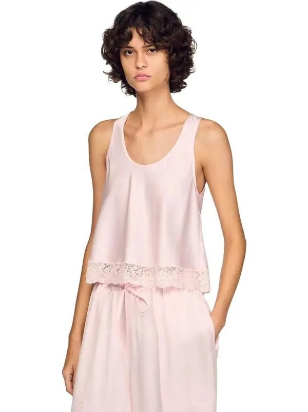 Sandro Satin Top With Lace Trim - Light Pink