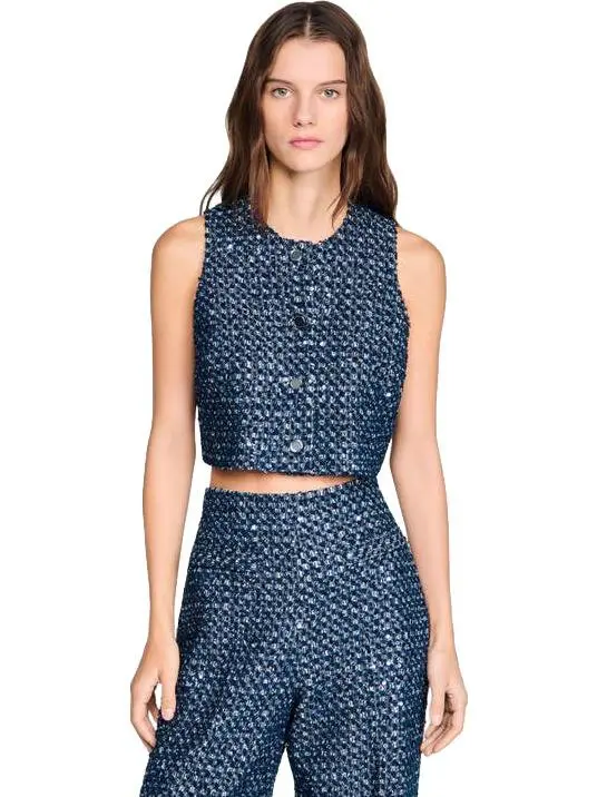 Sandro Sequin Sleeveless Crop Top - Navy Blue