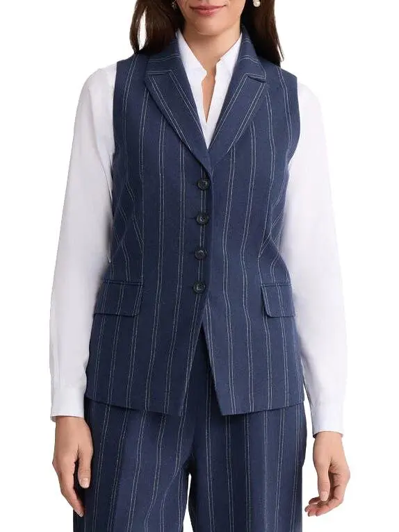 Jones New York Pinstripe Linen & Cotton Vest - Pacific Navy/natural White