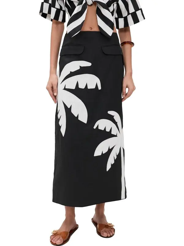 Farm Rio Embroidered Palm Tree Maxi Skirt - Black