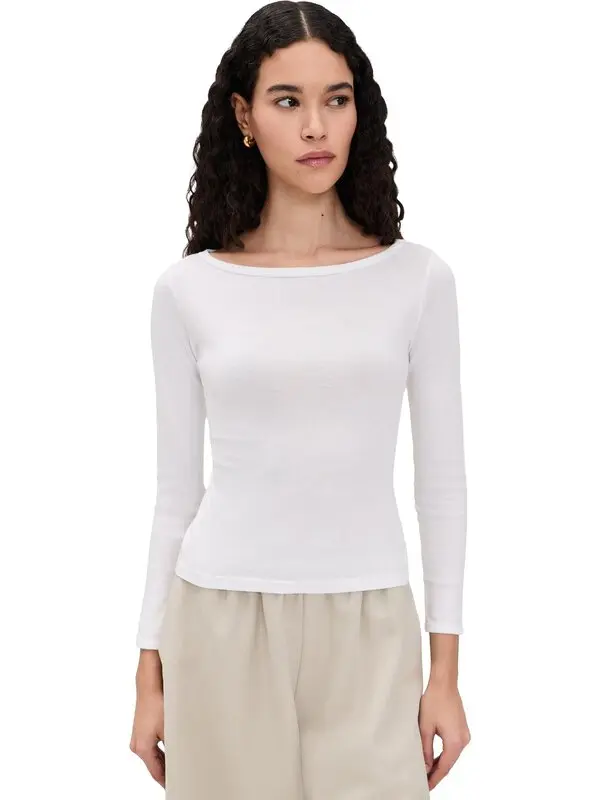 Enza Costa Fine Cotton Long Sleeve Boatneck Top - White