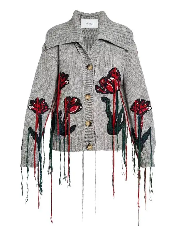 Erdem Floral Embroidered Cardigan - Grey