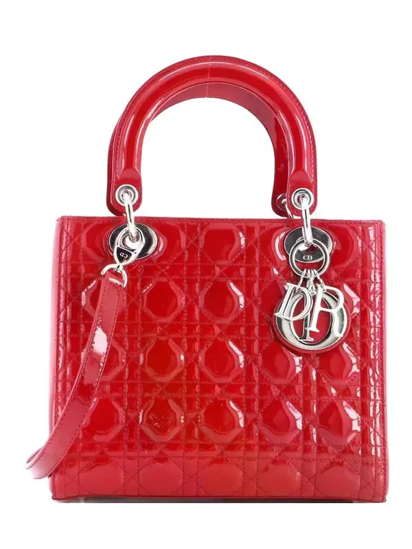 Dior Lady Medium Satchel Cannage Quilt Patent - Red