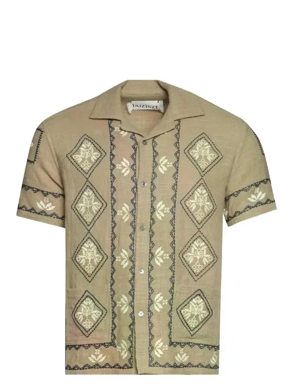 BAZISZT Mexican Embroidered Short-sleeve Shirt - Neutrals