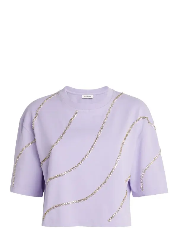 Sandro Cotton Embellished Cropped T-shirt - Purple