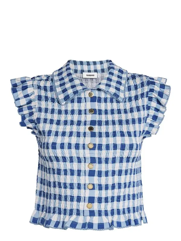 Sandro Gingham Smocked Top - Blue