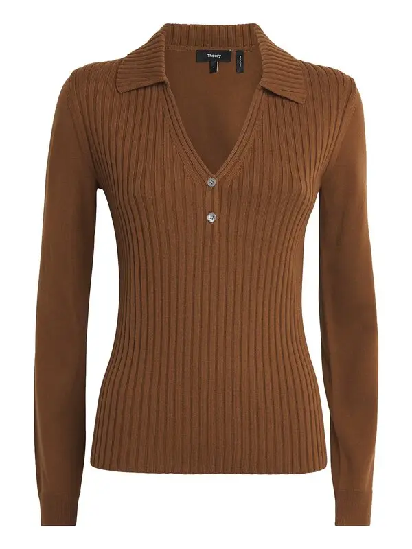 Theory Merino Wool Ribbed Polo Sweater - Brown