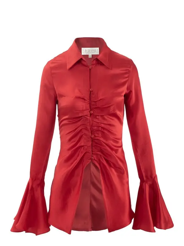 LA FUORI Silk Button-down Shirt With Flared Sleeves - Red