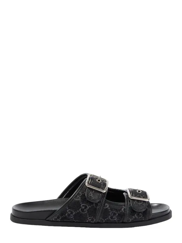 Gucci Gg Leather-trimmed Canvas Slides - Black