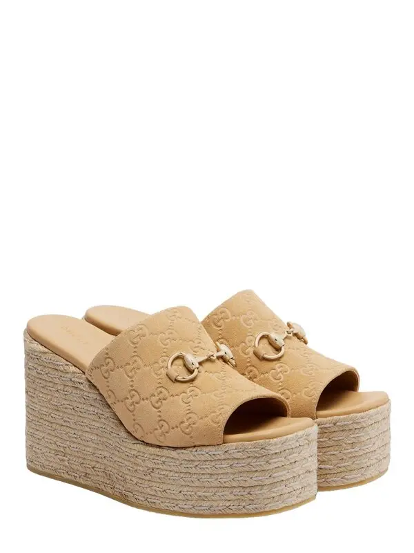 Gucci Horsebit Suede Espadrille Wedges - Beige