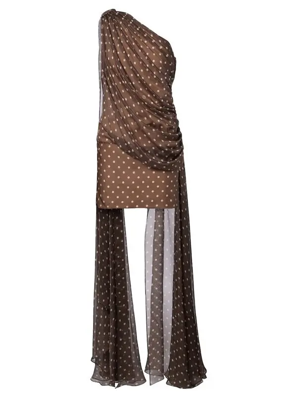 Elie Saab Caped One-shoulder Polka-dot Minidress - Brown