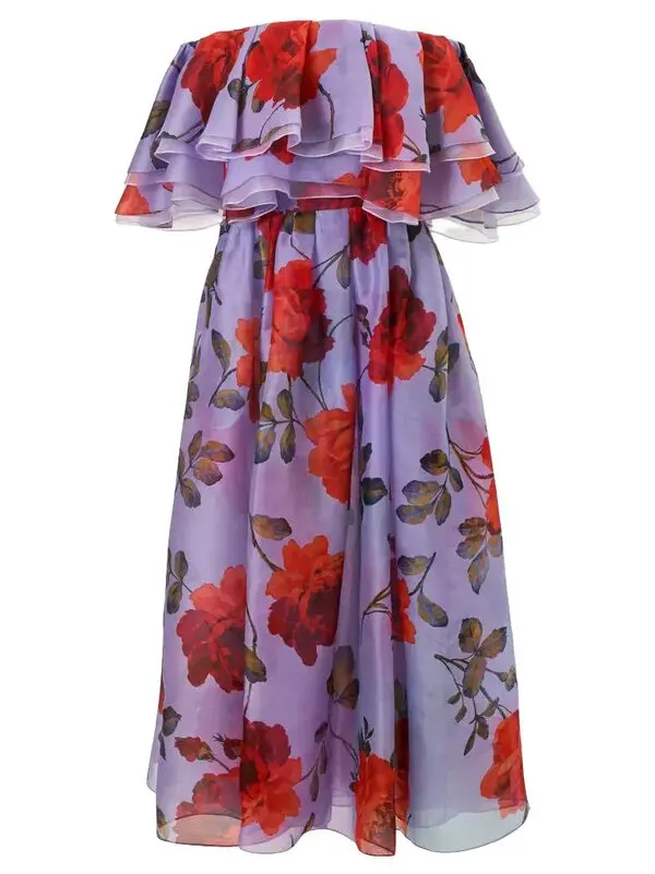 Carolina Herrera Rose-print Organza Dress With Ruffles - Purple