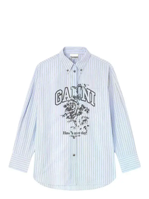 GANNI Striped Printed Logo Shirt - Blue