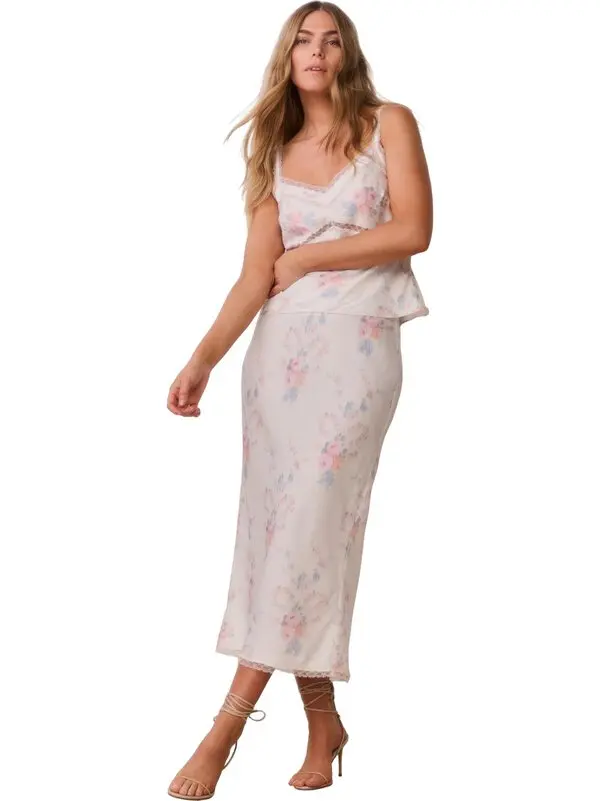 LoveShackFancy Kalo Floral Print Slip Skirt - Rosy Trellis