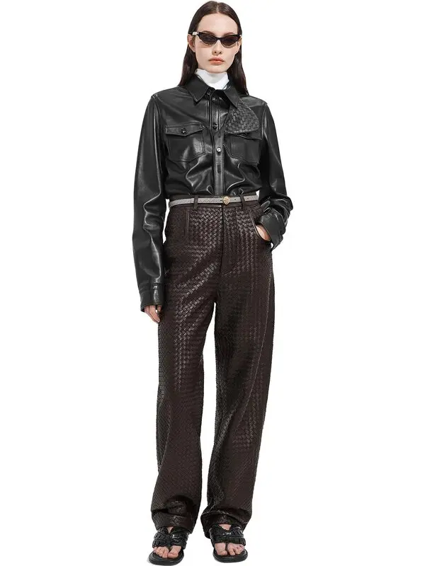 Bottega Veneta Intrecciato Leather Pants - Dark Carrubo