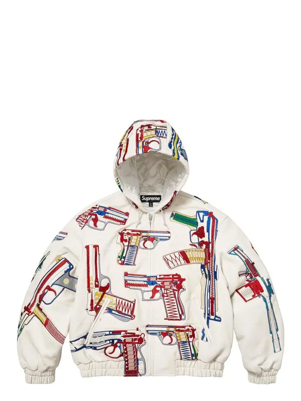 Supreme Guns Embroidered Hooded Leather Jacket - White