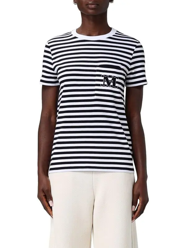 Max Mara Striped Cotton T-shirt With Logo Detail - Black