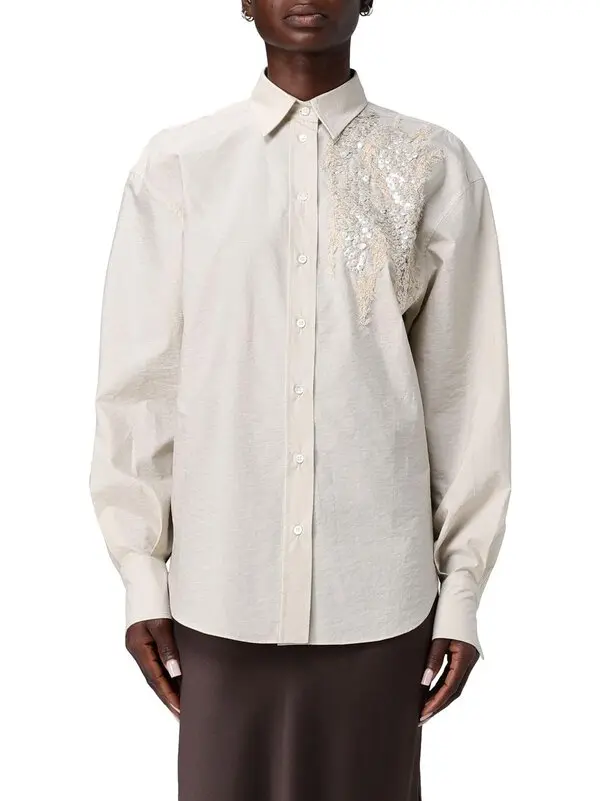 Brunello Cucinelli Sequined Cotton Blend Shirt - Beige