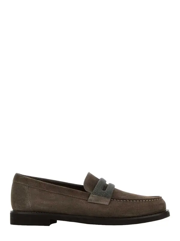 Brunello Cucinelli Suede Loafers With Embellished Detail - Mud