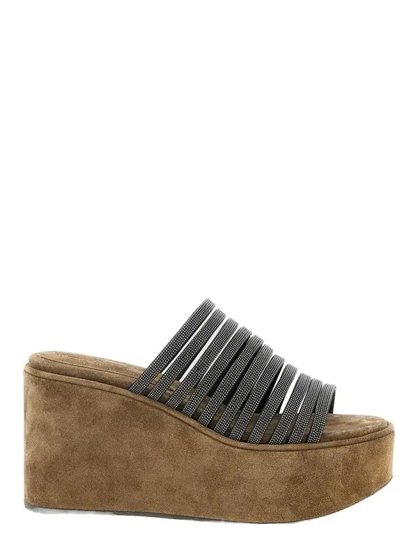 Brunello Cucinelli Suede Wedge Sandal With Monile Embellishment - Brown