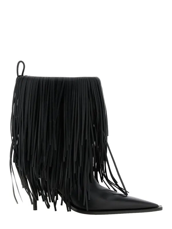 Balenciaga Avenue Leather Ankle Boots With Fringe And Stiletto Heel - Black