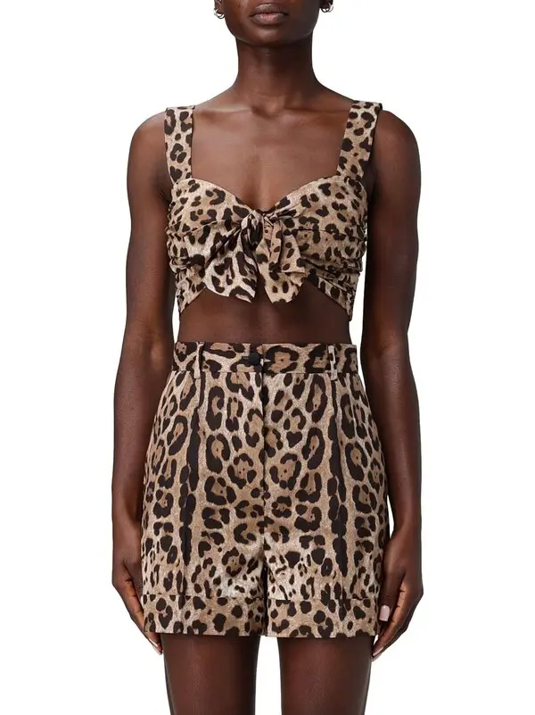Dolce & Gabbana Leopard Print Front Tie Cropped Top - Brown