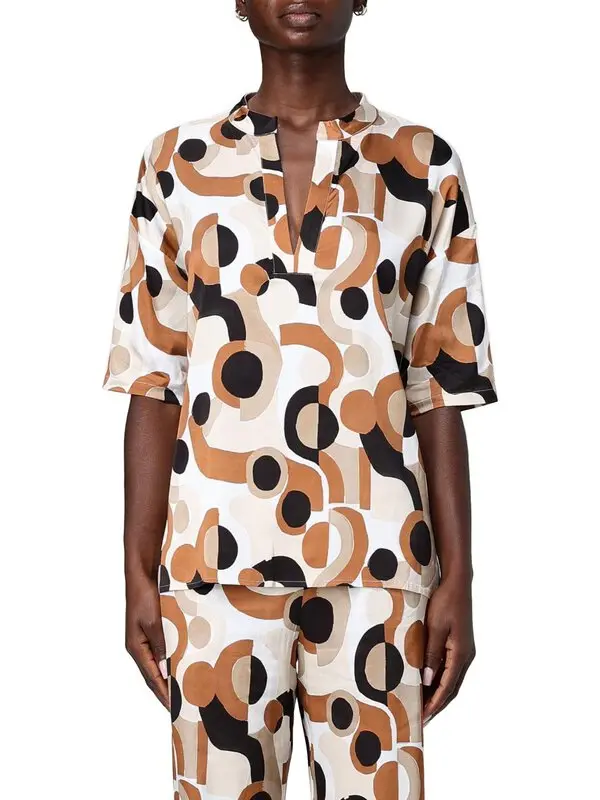 KANGRA Abstract Geometric Print Stretch Viscose Blouse - Brown