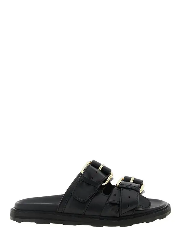 Moschino Calfskin Leather Low-heeled Sandals With Buckle Detail - Black