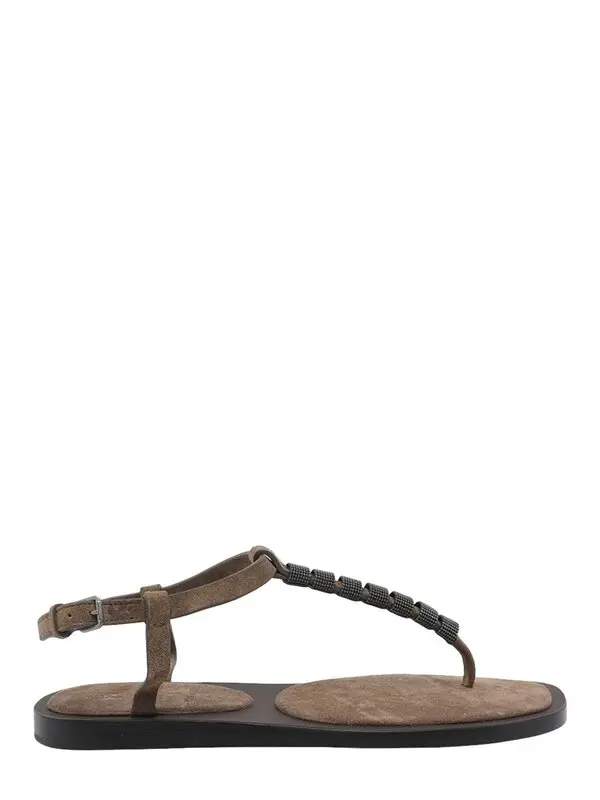 Brunello Cucinelli Suede Monili Thong Sandals - Brown