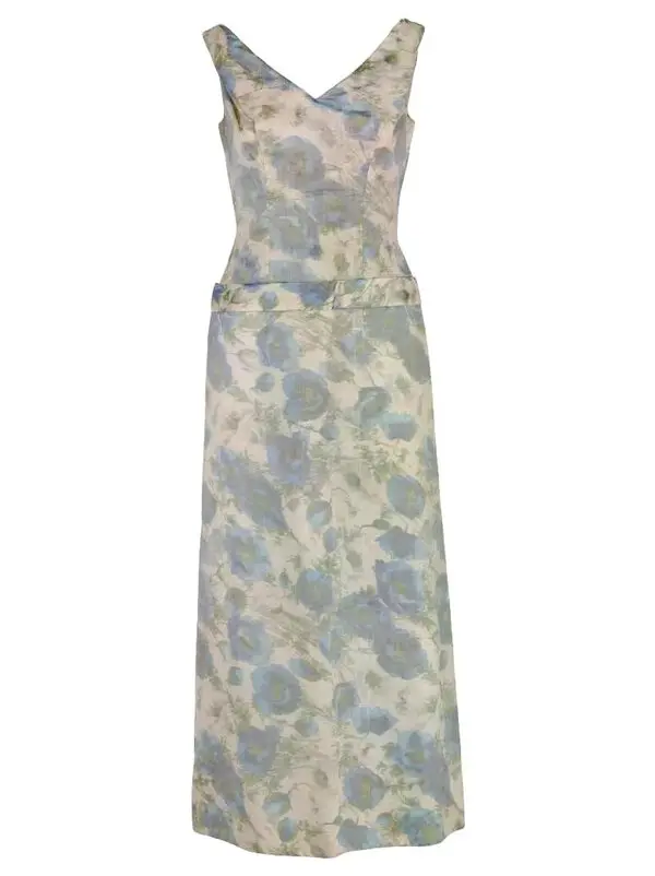Vintage 1960s Floral V-neck Midi Dress - Neutrals