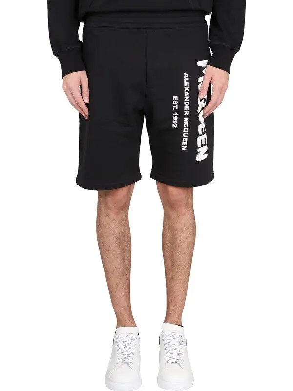 Alexander McQueen Bermuda Shorts With Graffiti Logo Print - Black