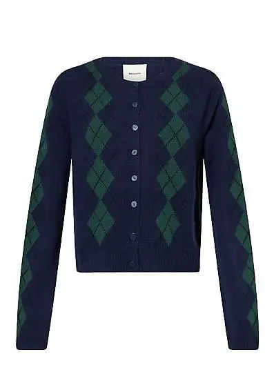 REFORMATION Clara Argyle-knit Cashmere Cardigan - Navy Multi Argyle