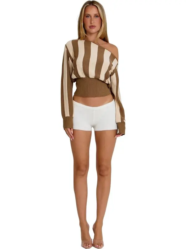 OUTCAST Striped Off-shoulder Knit Top - Brown/beige