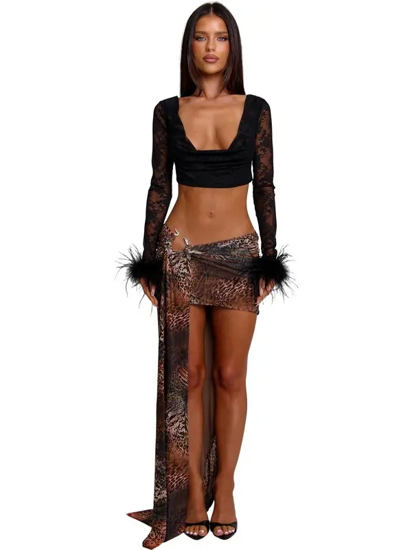 OUTCAST Lace Top With Feather Trim - Black