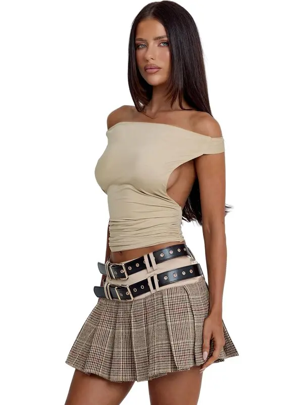 OUTCAST Nomi Plaid Mini Skirt - Print/tan/beige