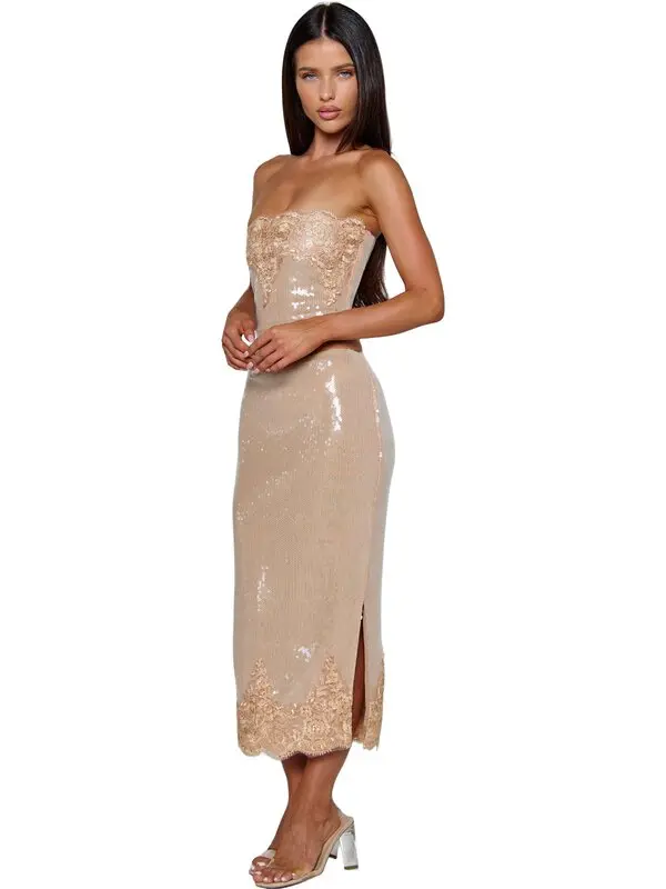 OUTCAST Saela Sequin Midi Skirt - Tan