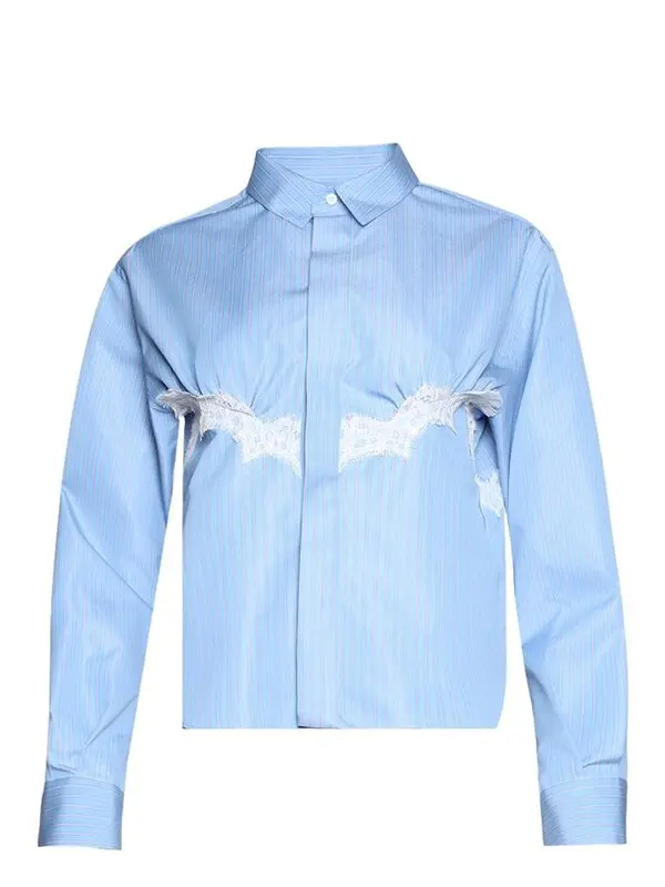 Sacai Striped Poplin Shirt With Lace Trim - Blue
