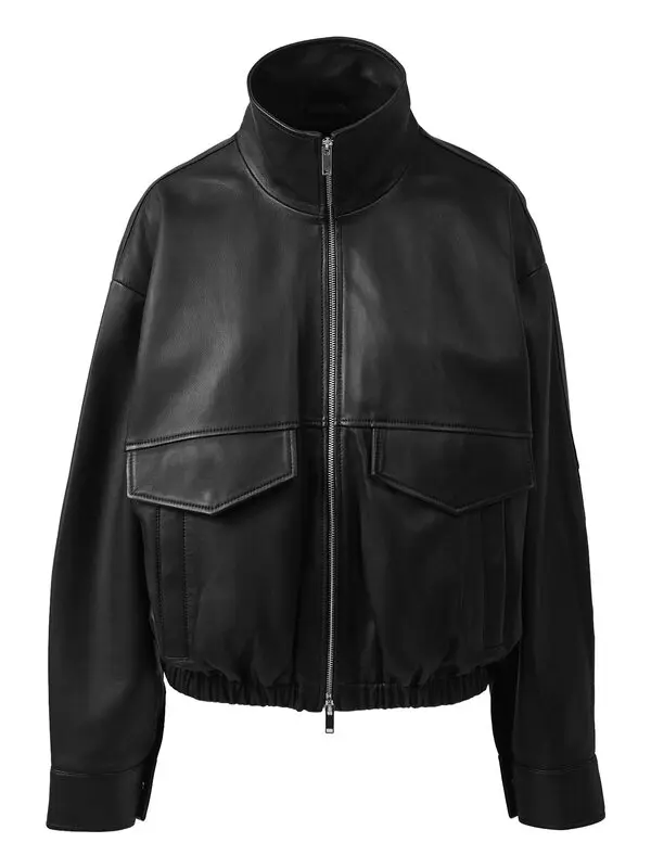 WAKAKUU Leather Bomber Jacket - Black