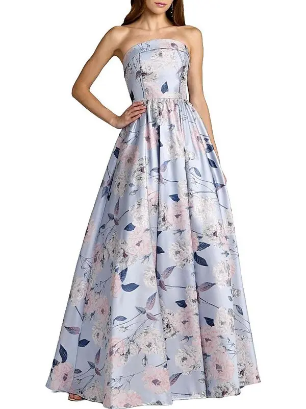 Mac Duggal Floral Brocade Strapless A-line Ballgown - Blue Multi