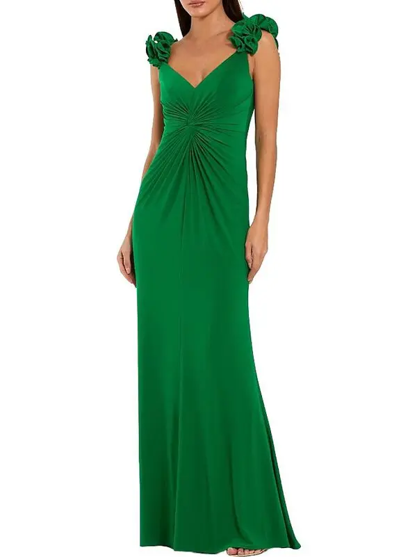 Mac Duggal Jersey V-neck Gown With 3d Flower Straps - Spring Green