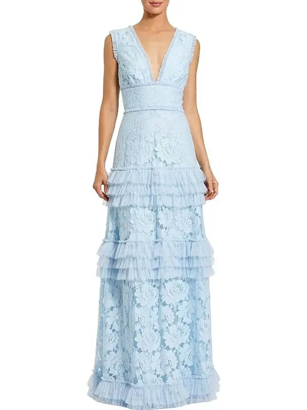 Mac Duggal V-neck Lace Tiered Ruffle Gown - Powder Blue