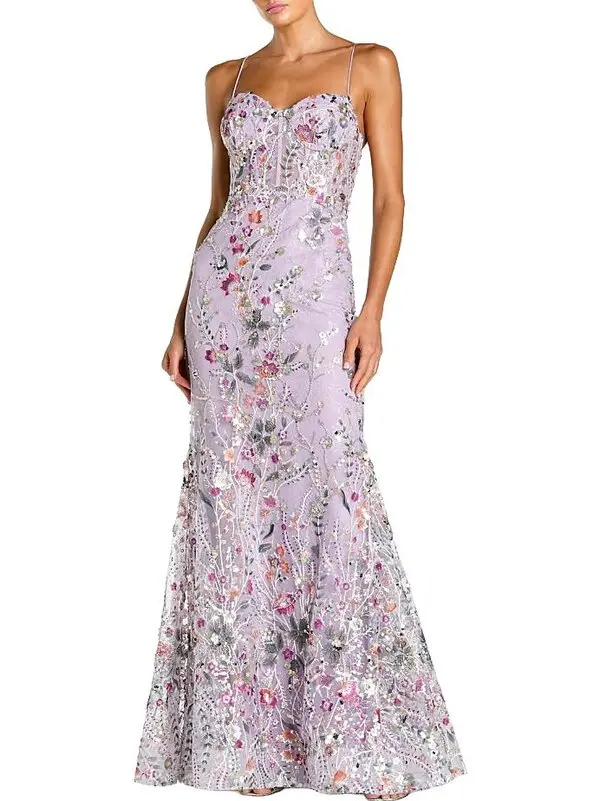 Mac Duggal Spaghetti Strap Floral Embroidered Trumpet Gown - Lilac Multi